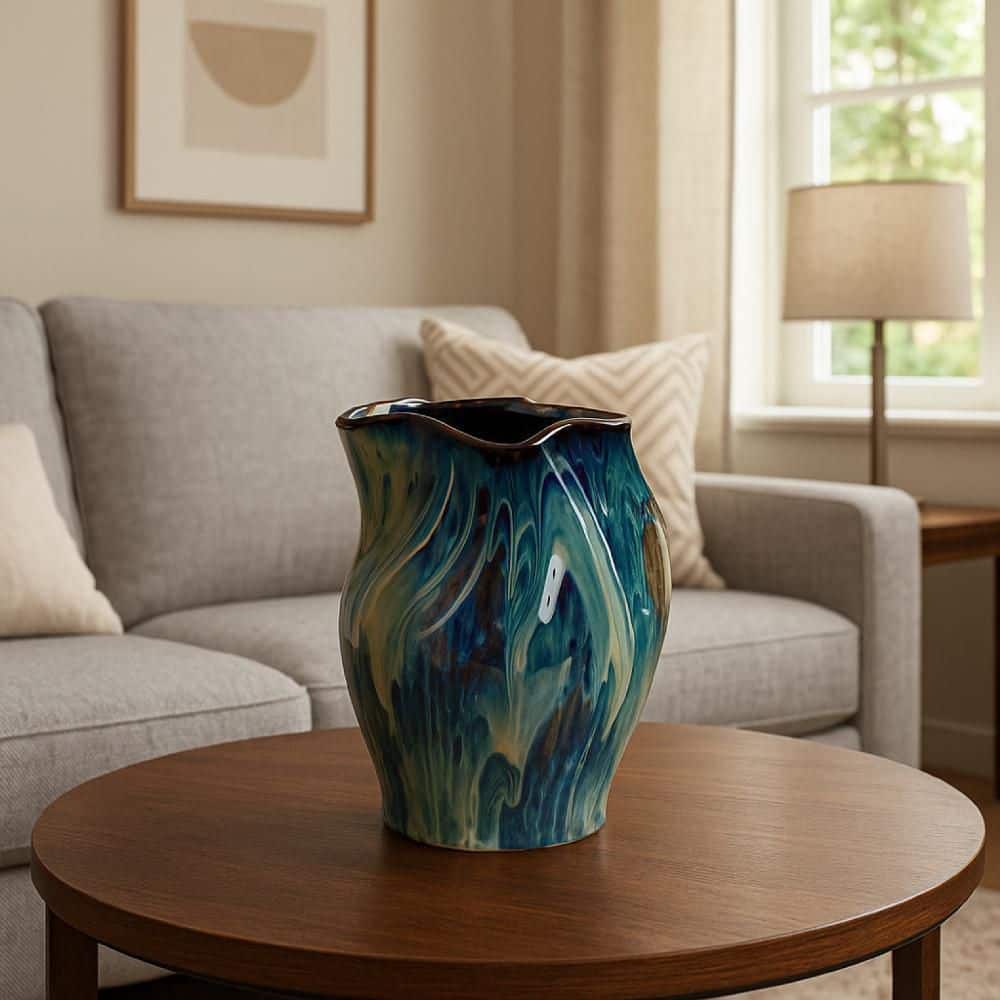 Benjara Fera 12 in. Shiny Blue Ceramic Amphora Decorative Flower Vase ...