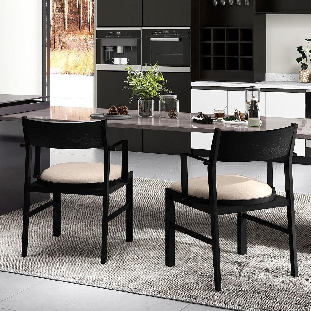Gymax Black Plus Beige Sponge Contoured Backrest Dining Chair with Arms ...