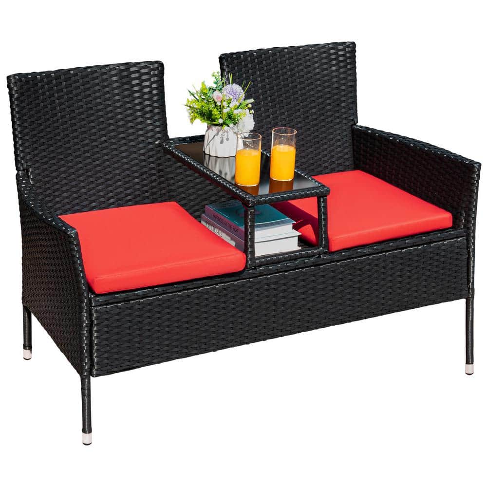 Tozey Modern Black 2-Person Rattan Wicker Patio Outdoor Loveseat with ...