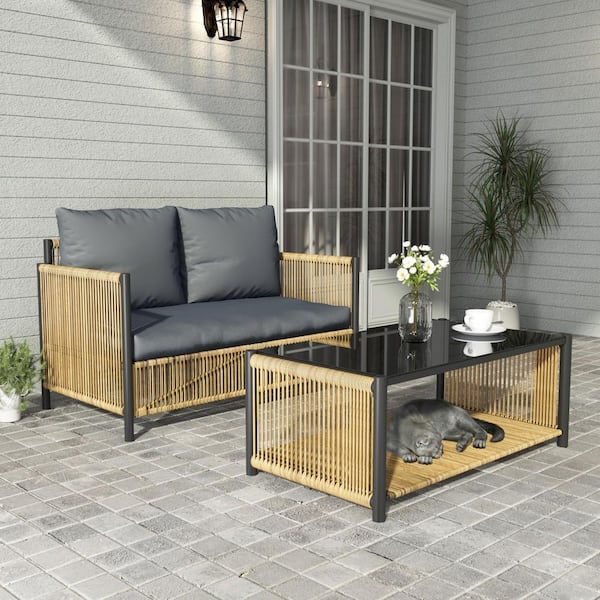 Brown 2-Piece PE Wicker Outdoor Sectional Set 2 seats Sofa Set with ...