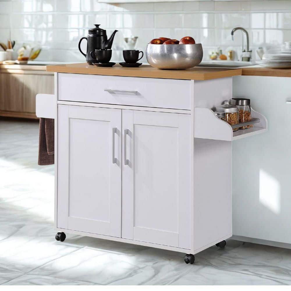 L'Baiet White Wood Top 35 in. Wide Kitchen Island Cart with Utensil ...