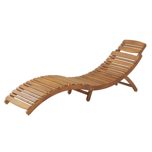 Brown Folding Wood Outdoor Chaise Lounge with Open Slat Panel and Pre ...