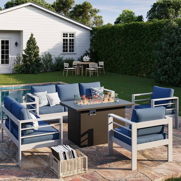 Poteban 5-Piece Aluminum Patio Fire Pit Conversation Set with Blue ...