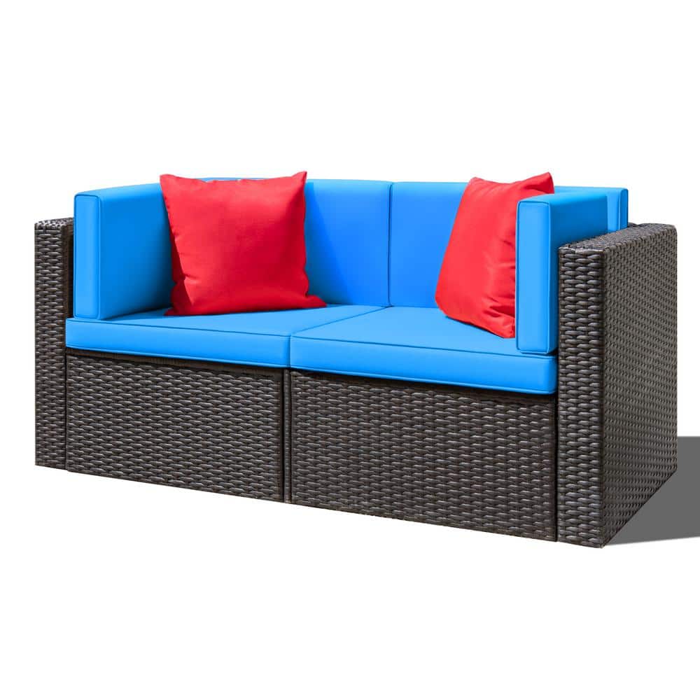Tozey Chillrest 58 in. Black Wicker Outdoor Loveseat with Blue Cushions ...