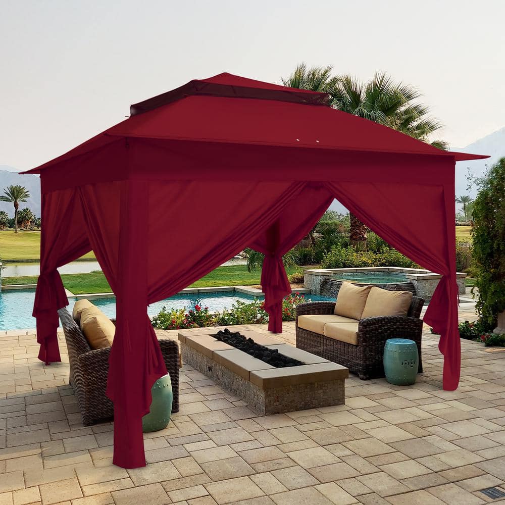 COOS BAY 11 ft. x 11 ft. Red Portable Pop up 2-Tier Gazebo with 4 ...