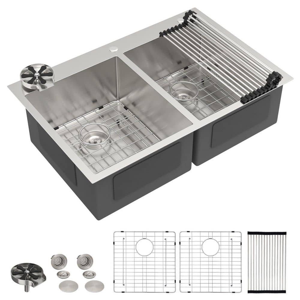Fulorni 33 in. Drop-In 50/50 Split Double Bowl Kitchen Sink, 16 Gauge ...