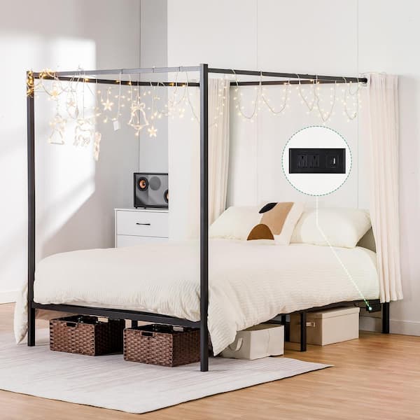 ComHoma Canopy Bed 80 in. W x 60 in. D x 73 in. H Metal Queen Canopy Platform Bed Frame Black HD GT208M BLACK The Home Depot