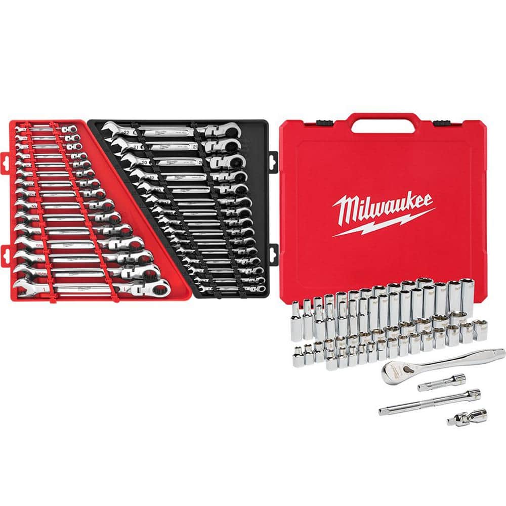 Milwaukee 3/8 in. Drive SAE/Metric Ratchet and Socket Mechanics Tool Set with SAE/Metric Flex ...