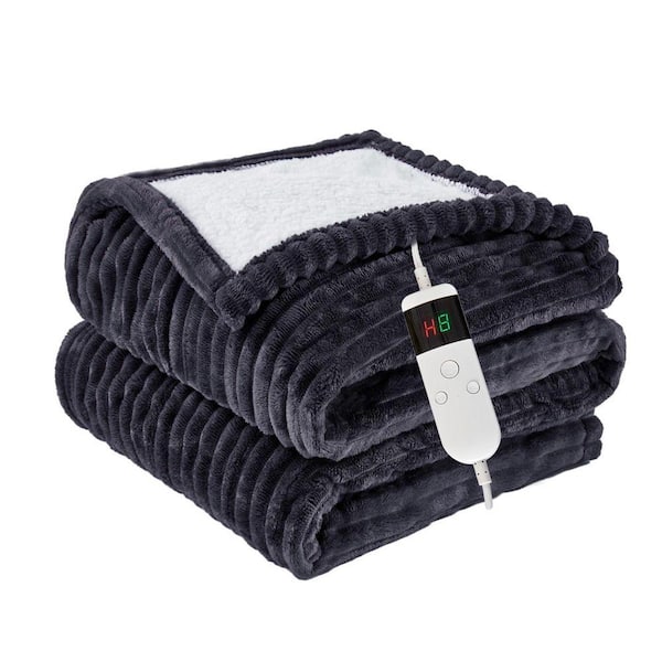 Grey Cozy Flannel Sherpa Heated Throw Blanket with 10 Heat Levels 8 ...