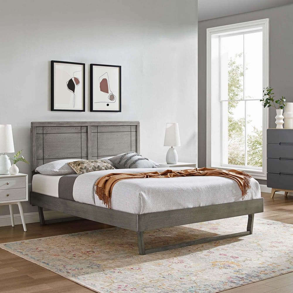 MODWAY Marlee Gray Wood Frame Full Platform Bed with Angular Frame MOD ...