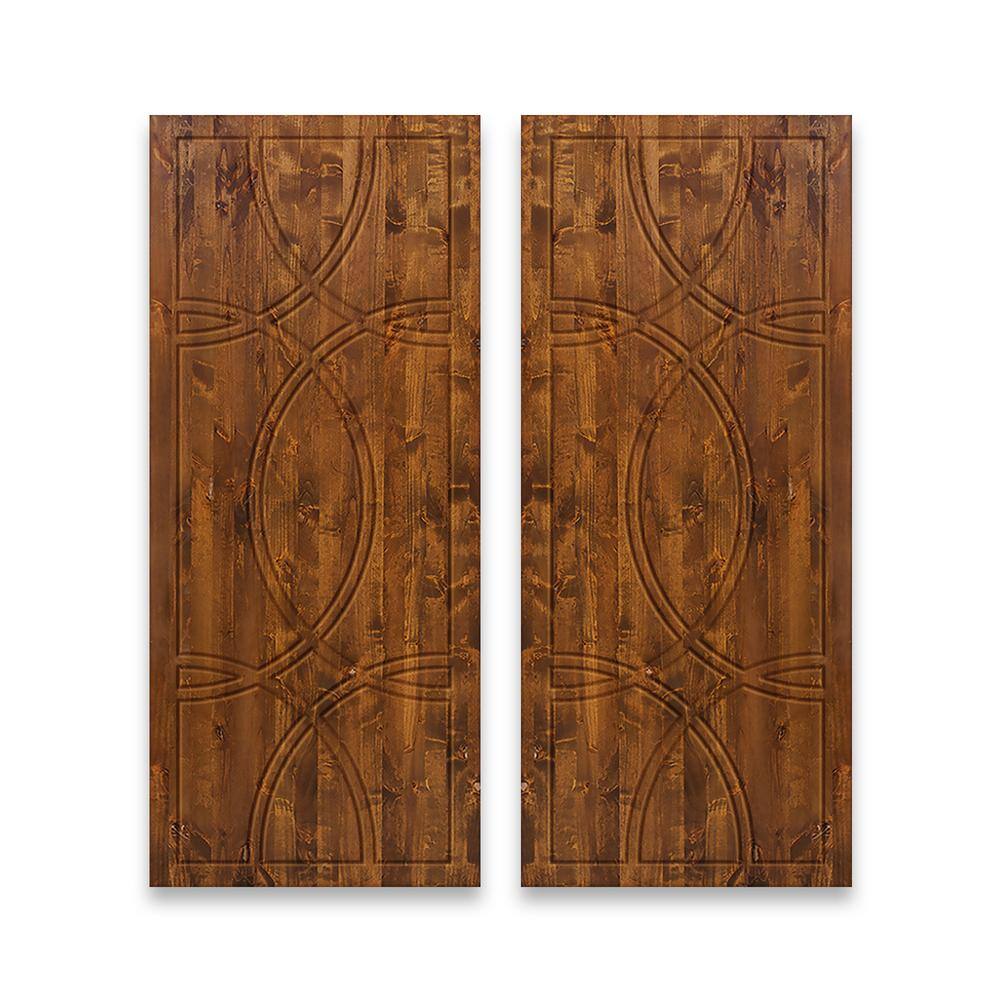 CALHOME 84 in. x 84 in. Hollow Core Walnut Stained Pine Wood Interior Double Sliding Closet ...