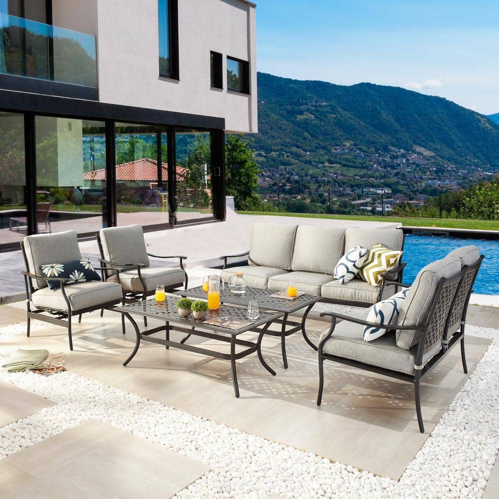Patio Festival 6-Piece Metal Patio Conversation Set with Gray Cushions ...