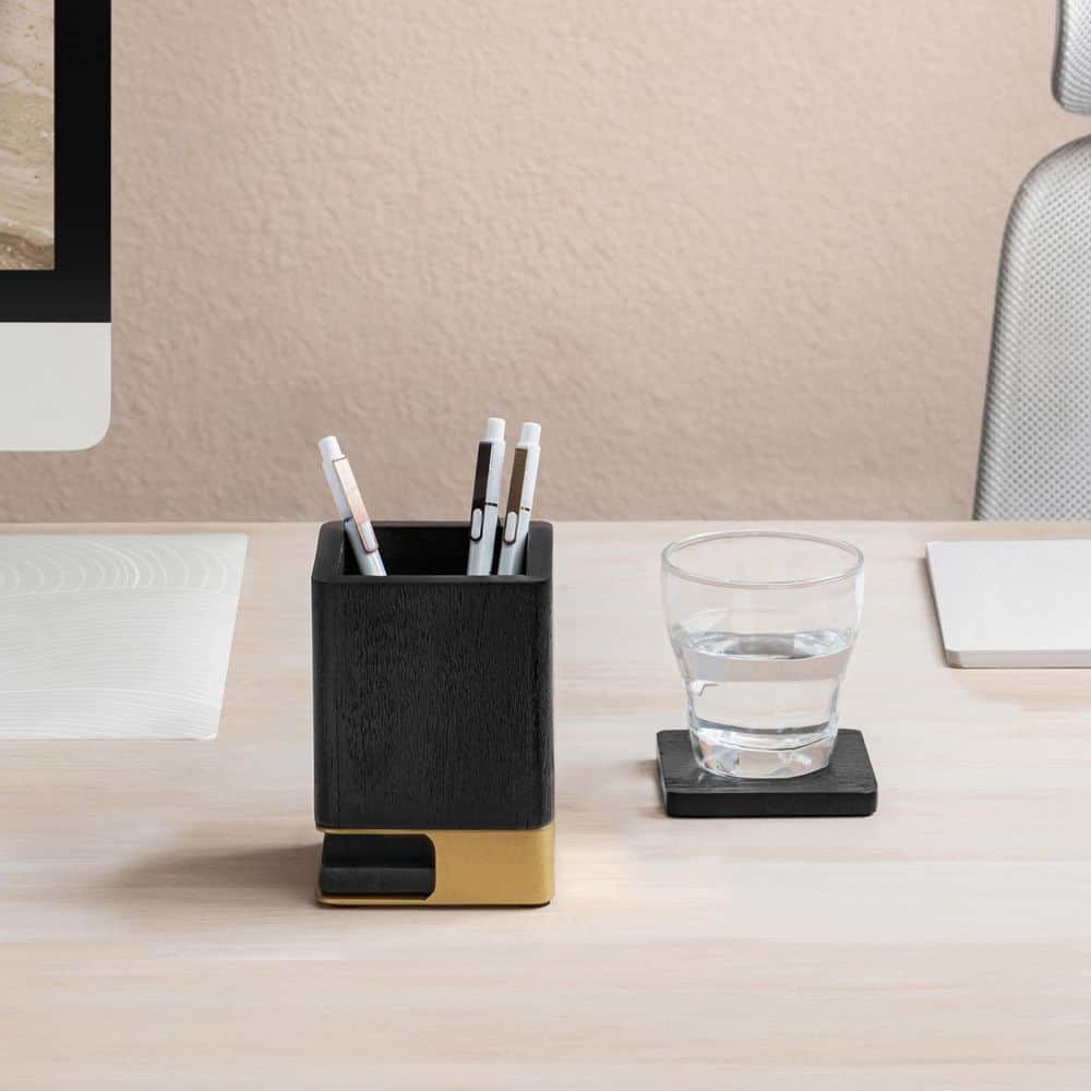 Anji Mountain Solid Wood Pen Cup Holder with 2 Coasters PCCSTR-BLKGLD6 ...