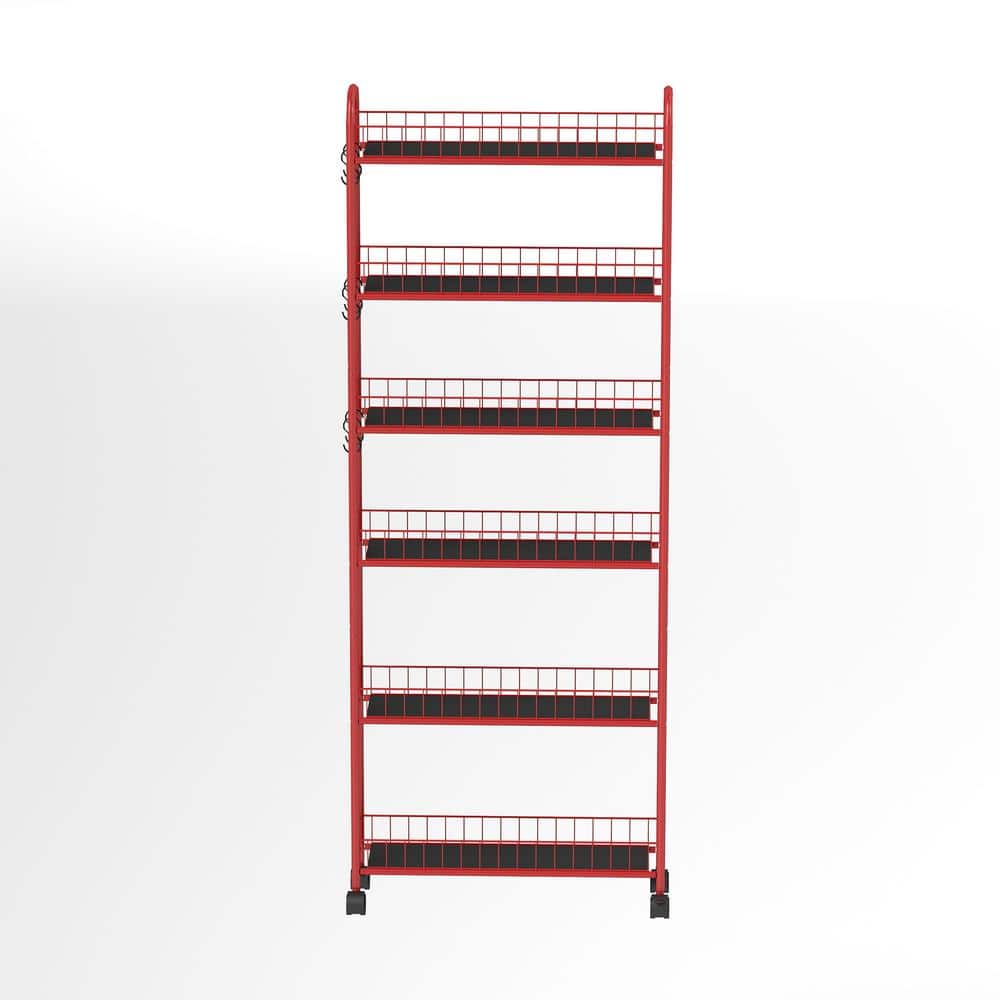 Tileon 6-Shelf Red Metal Slim Storage Cart, Mobile Wire Rack Shelving ...