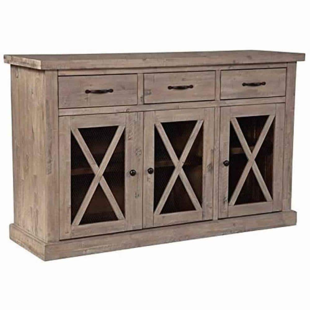 Benjara Brown Wood Top 58 in. Sideboard with 3 Smooth gliding drawers ...
