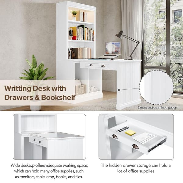Harper Bright Designs 62 in. White 1 drawer Computer Desk Writing Desk with Storage Bookcase Adjustable Shelf LED Light ZJR003AAK The Home Depot