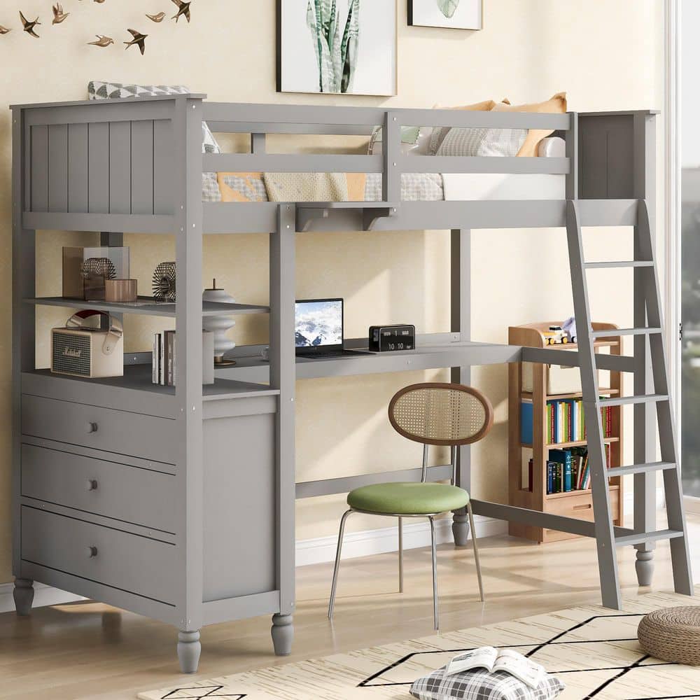 Polibi Gray Twin Size Wood Loft Bed with Drawers and Desk, Wooden Loft Bed with Shelves RD14 ...