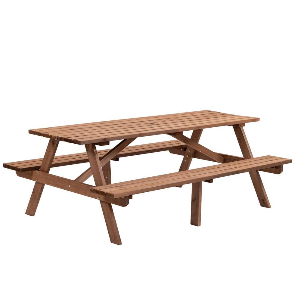75 in. Brown Rectangle Wood Picnic Tables Seats 8 People with 2 Built ...