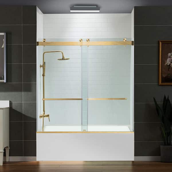 WOODBRIDGE 60 in. W x 66 in. H Double Sliding Frameless Tub Shower Door in Brushed Gold Finish ...