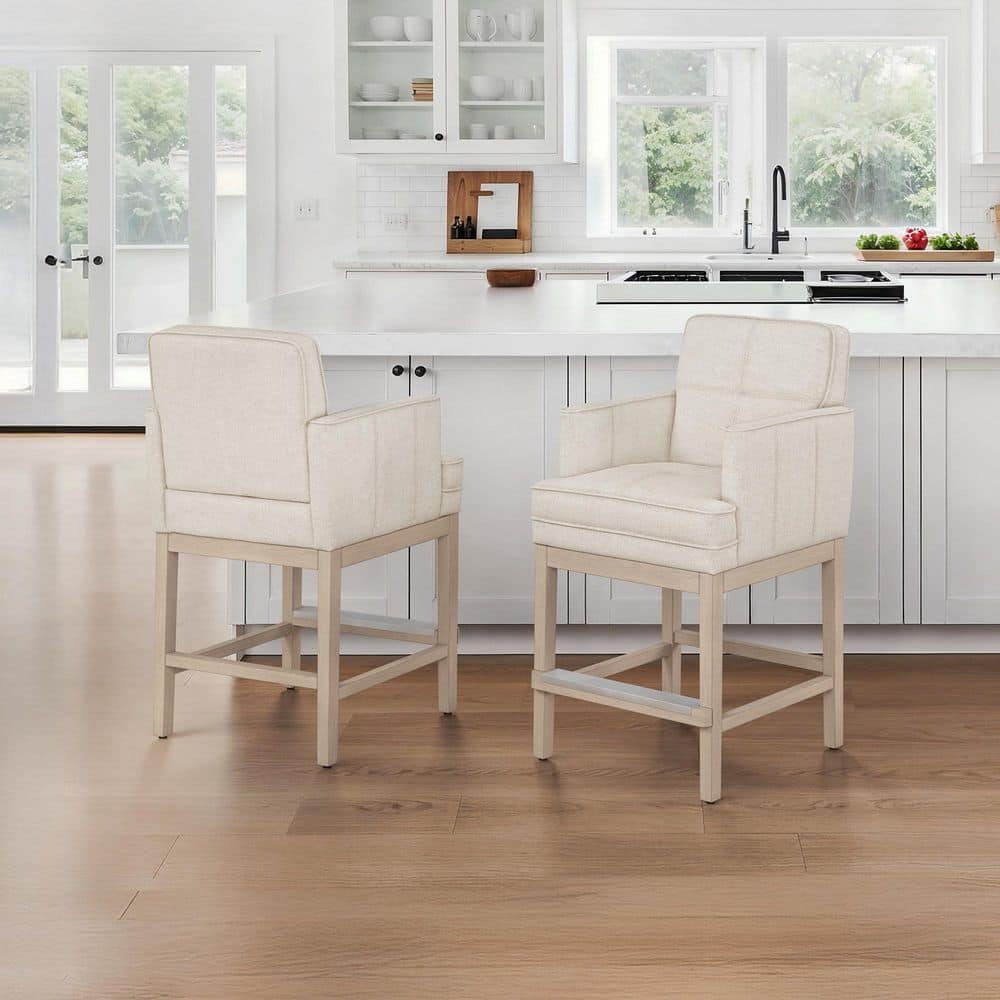 OrangeOne 40 in H Linen Fabric High Back Bar Stool Solid Wood Frame ...