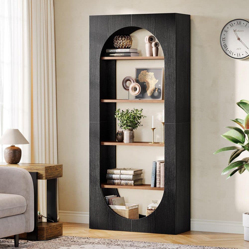 BYBLIGHT Eulas 71 in. Tall Black Wood 5-Shelf Arched Etagere Bookcases ...