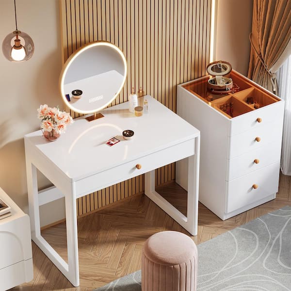 TRIBESIGNS WAY TO ORIGIN Ellie White Makeup Vanity Desk with 5 Drawers Modern Dressing Table with Glass Top No Mirror HD NY245 HYF