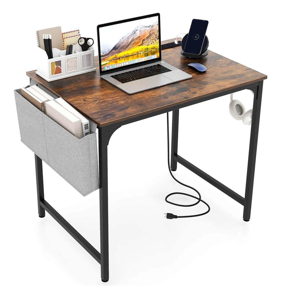 Costway 32 in. Rectangular Brown Wood Desk with Charging Station ...