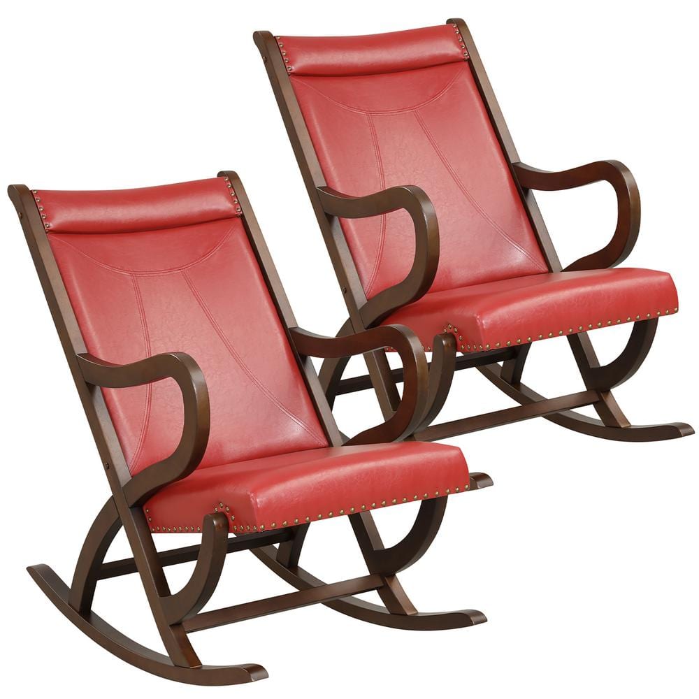 Costway Wood Outdoor Rocking Chair with PU Cushion Red Modern Rocker w ...