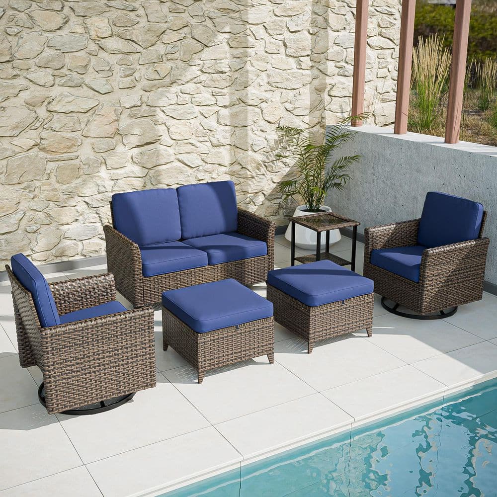 COOS BAY Brown Rattan Wicker 6-Piece Outdoor Patio Conversation Set with Blue Cushions, Side ...