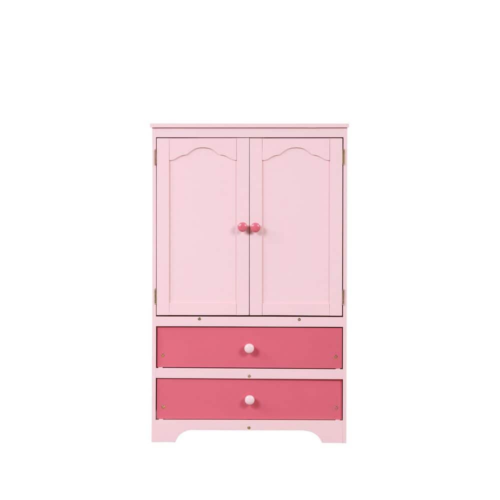 Pink Side Cabinet Armoire 2 Doors and 2-Drawers with Clothes Rail ...