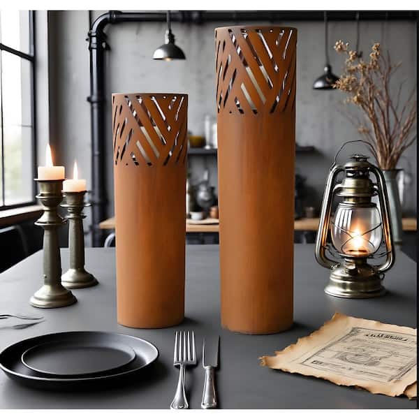 Beautiful Rust Brown Steel Decorative Lantern Column 2-Pack with Ornate ...