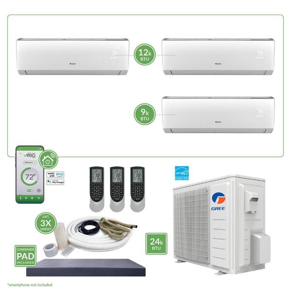 GREE Gen3 Smart Home Triple-Zone 24,000 BTU 2 Ton Ductless Mini Split Air Conditioner & Heat ...