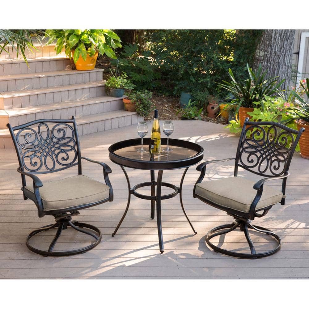 Hanover Traditions Bronze 3 Piece Aluminum Outdoor Bistro Set with Swivel Chairs with Natural Oat Cushions TRADDN3PCSWG The Home Depot
