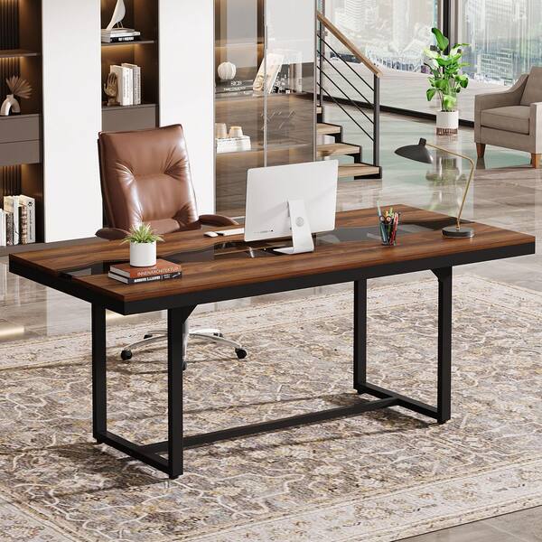 BYBLIGHT Moronia 63 in. Rectangle Brown Wood Executive Desk with Wavy Glass Desktop Industrial Study Writing Table with Metal Leg BB XK00674EDZMZ