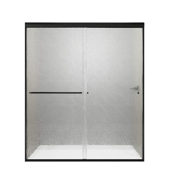JimsMaison 60 in. W x 70 in. H Sliding Semi-Frameless Shower Door in Matte Black Finish with ...