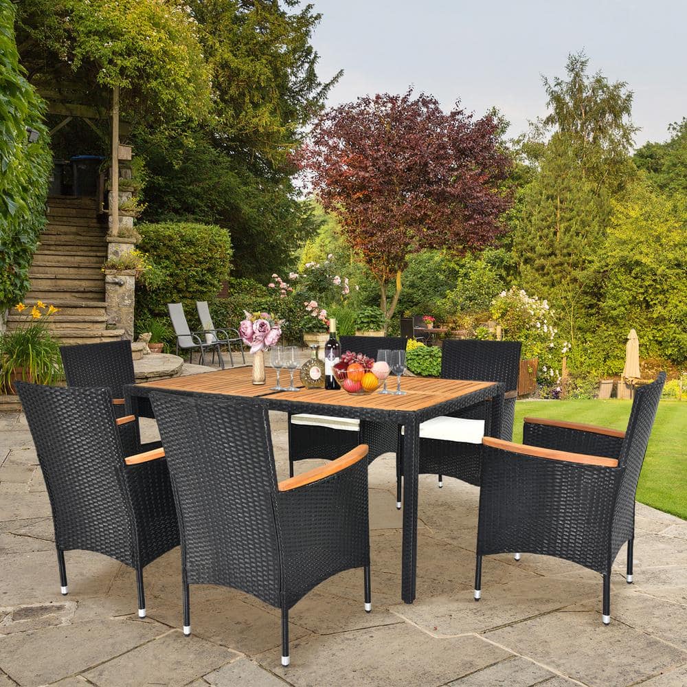 Karl home Black 7-Piece Wicker Acacia Wood Outdoor Dining Set with ...