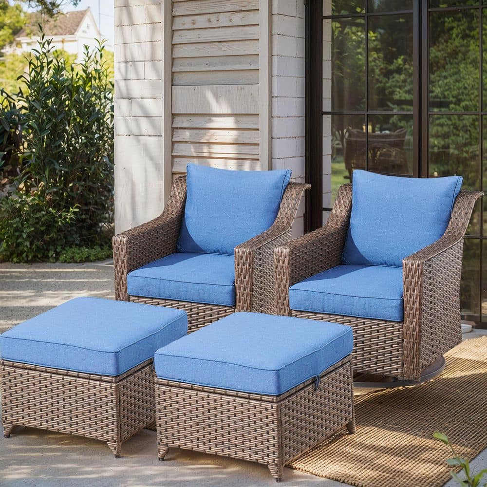 moosprr Slimline 4-Piece Brown Wicker Patio Conversation Set with Blue Olefin Cushions and ...