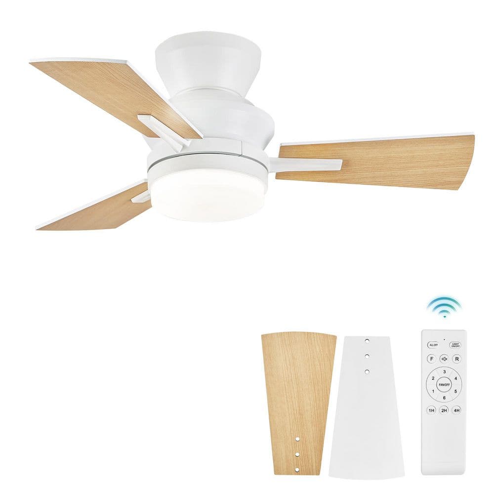 HINNIXY 30 in. Indoor Low Profile 3-Color LED 6-Speed White Ceiling Fan ...
