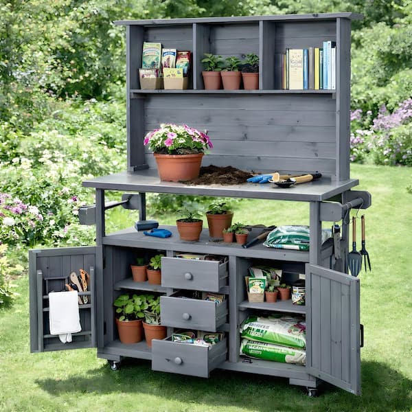 GOGEXX 6-Tier Gray Wood Outdoor Plant Potting Bench Kits and ...