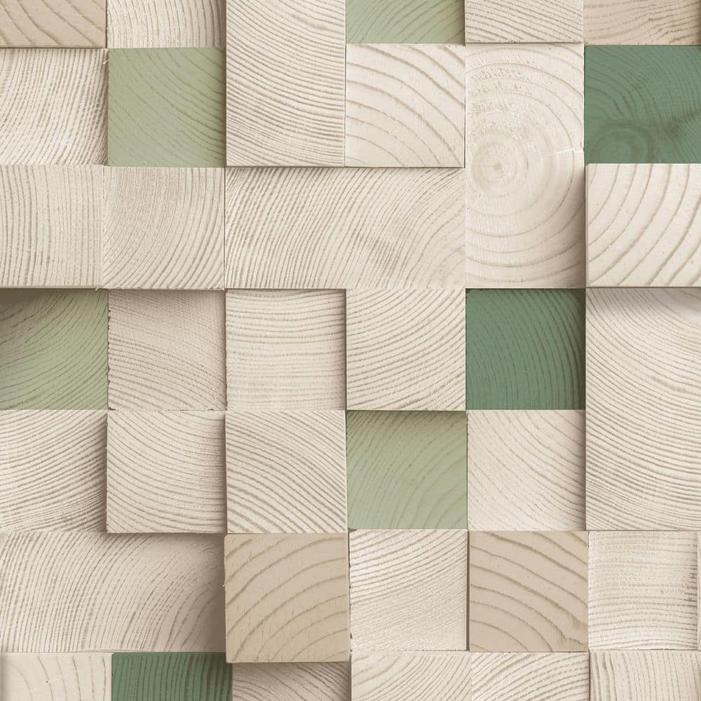 Veer Decor Wood Blocks Natural and Greens Wallpaper Sample VRAR04-108W1 ...