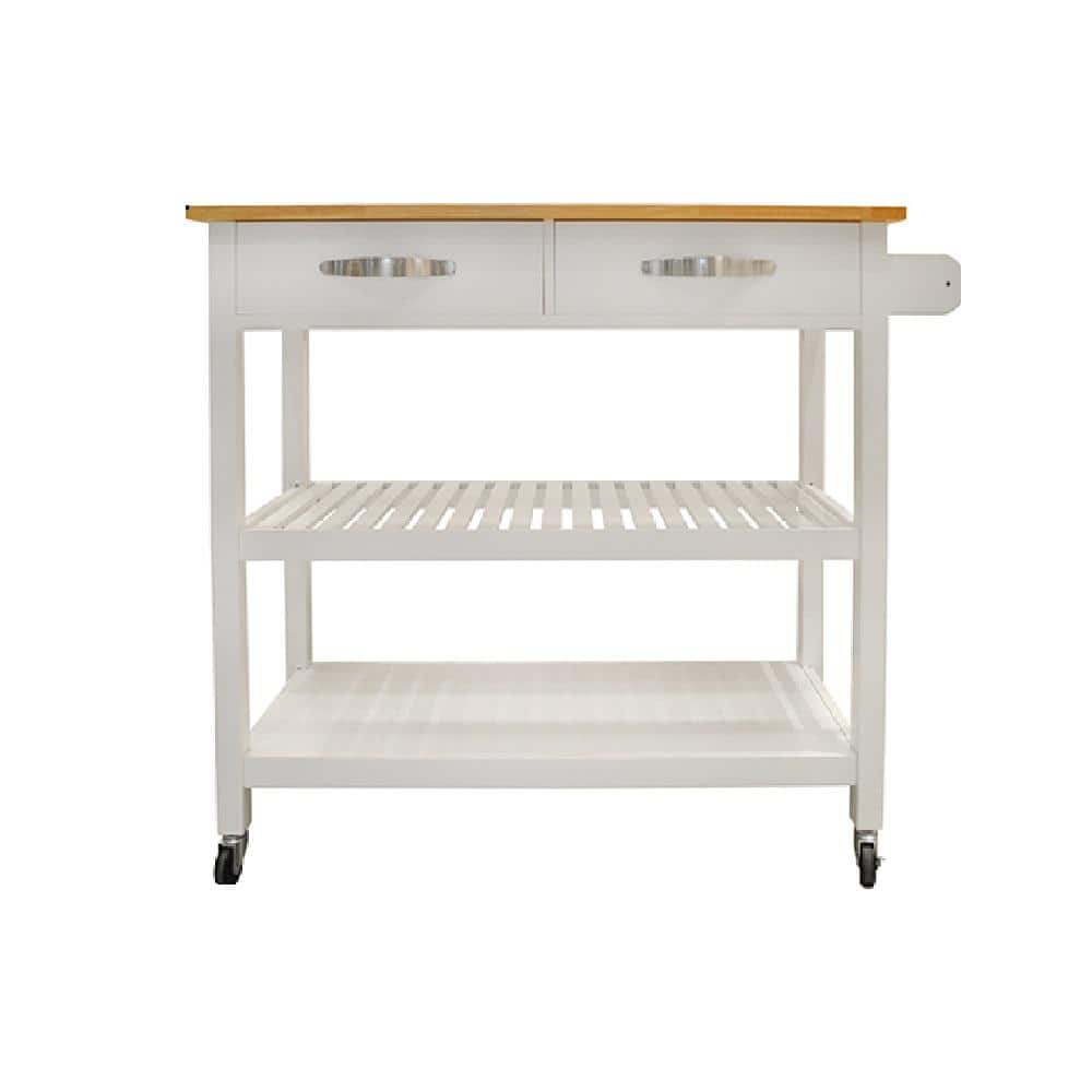 Movisa White Kitchen Cart with 2 Lockable Wheels, Rubber Wood Top Y ...