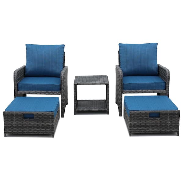 Sudzendf 5 Pieces Wicker Patio Conversation Set with Blue Cushions, PE Rattan Furniture Set for ...