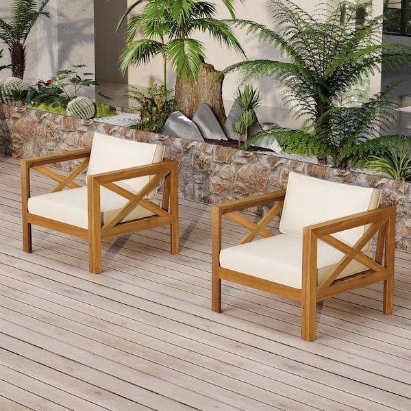 Teak Acacia Wood Outdoor Lounge Chair Club Armchair with Water-Resistant Beige Cushions (2-Pack ...