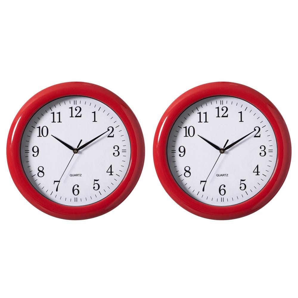 CLOCKWISE Set of 2 13.75 in. Plastic Red Round Silent, Non-Ticking ...