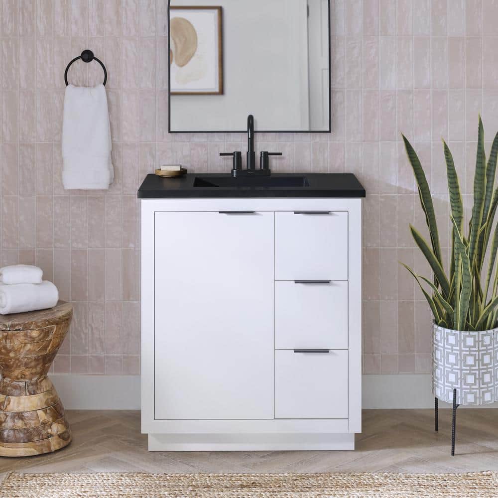Glacier Bay Harlock 31 in. Single Sink White Bath Vanity with Black ...