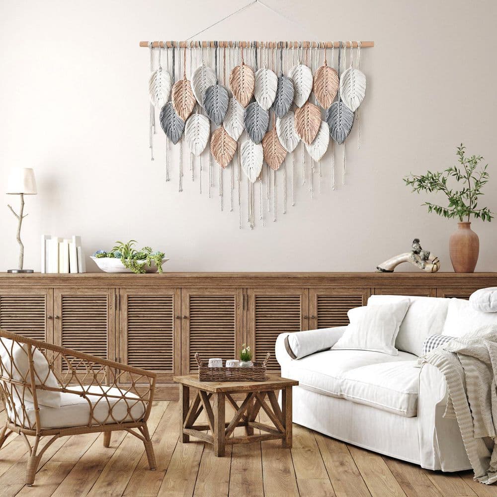 39 in. x 29.5 in. Large Multi-Colored Macrame Wall Hanging-Boho Leaf ...