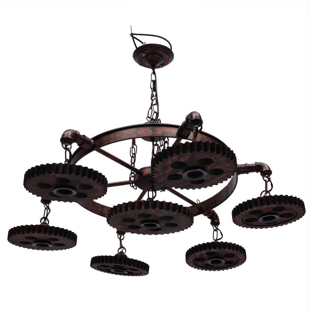 OUKANING 7-Light Rust Color Retro Gear-Shaped Pendant Light with Height ...