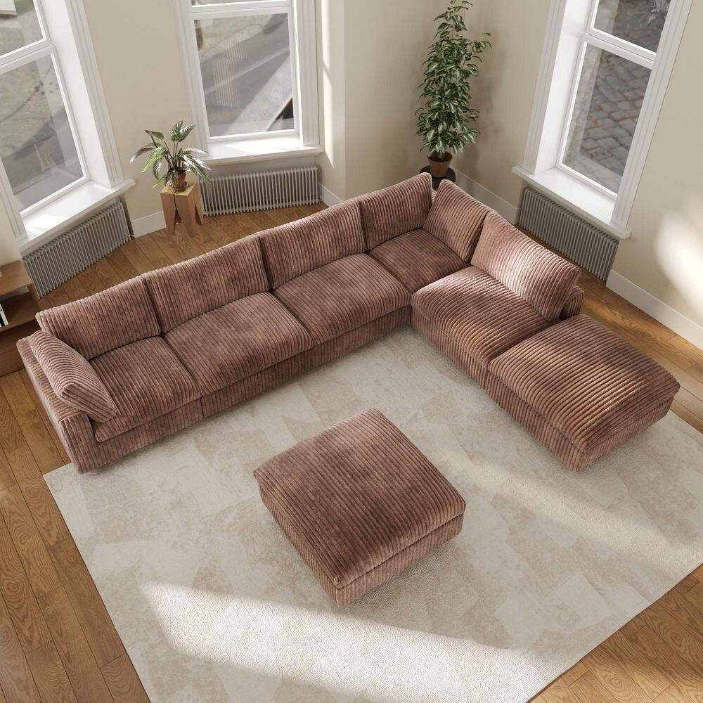 J&E Home 157.48 in. Square Arm 7-piece Rabbit Velvet Plush L-Shaped ...