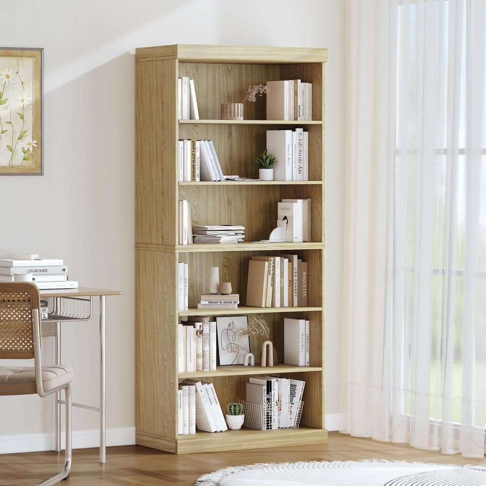 Lirago 72 in. Tall Light Brown Wood 5-Shelf Bookcase with Adjustable ...