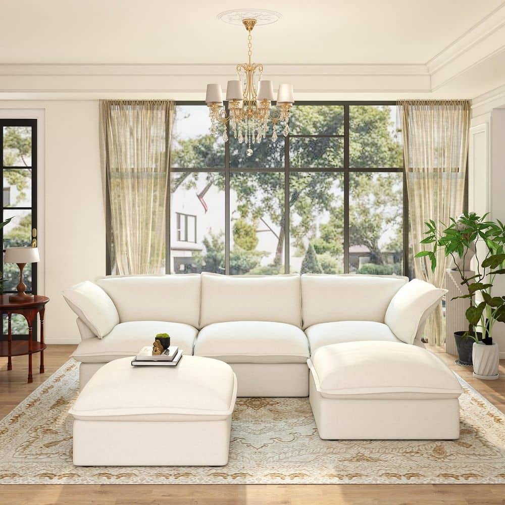 Magic Home Convertible 123 in. Flared Arm Linen Modular Cloud Sofa 3 ...
